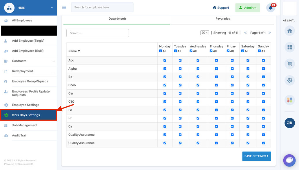 Work Day Settings Bulk Edit Feature on HRIS