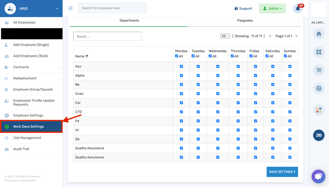Work Day Settings Bulk Edit Feature on HRIS