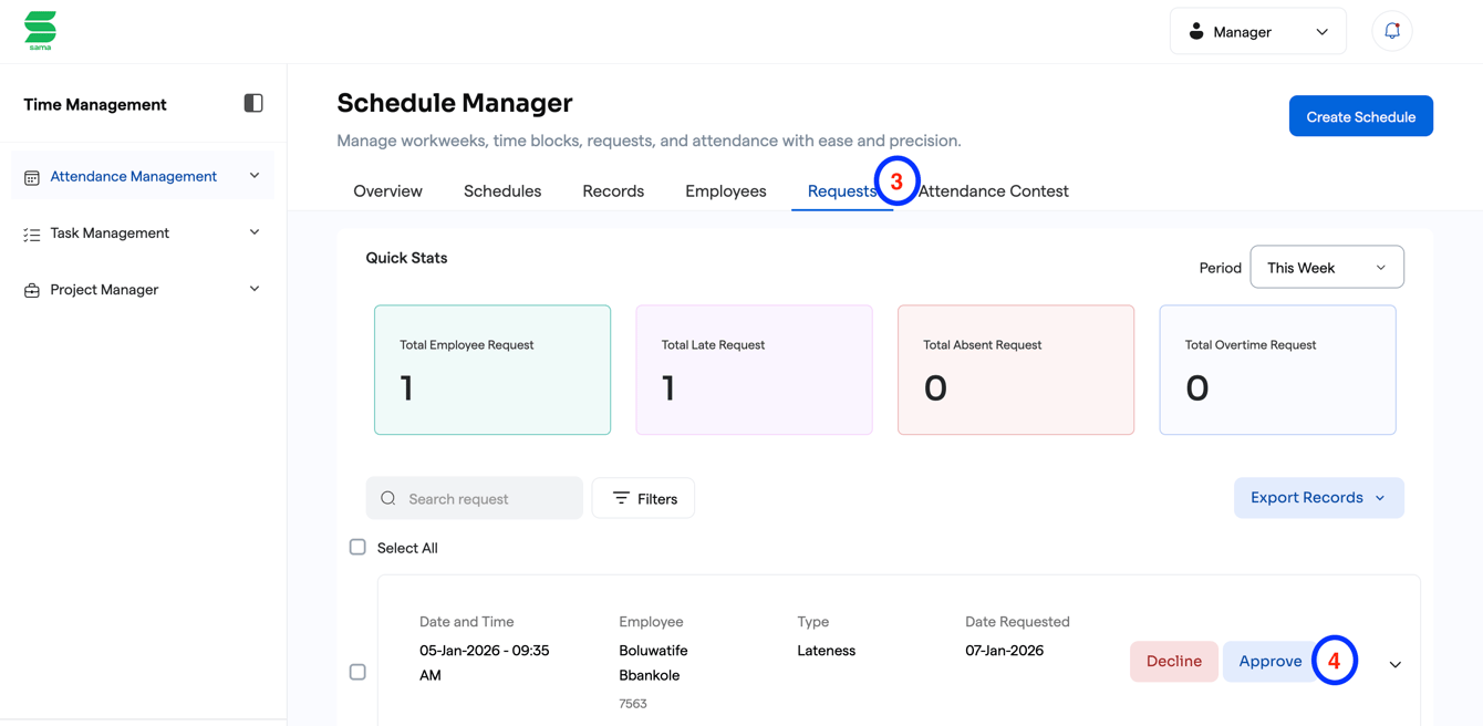How to approve or decline lateness request by subordinates